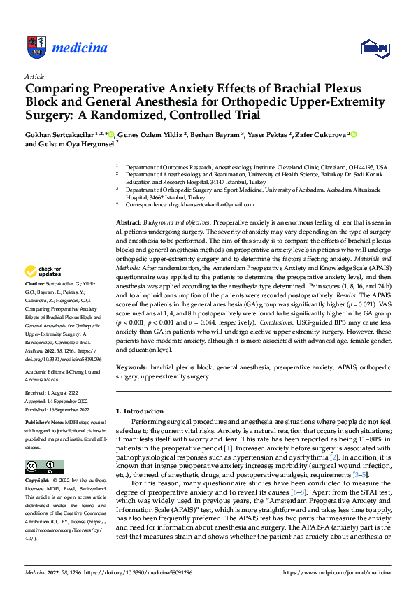 (PDF) Comparing Preoperative Anxiety Effects of Brachial Plexus Block and General Anesthesia for ...