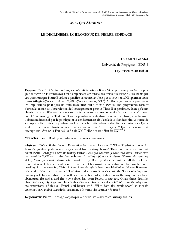 (PDF) Ceux qui sauront : le déclinisme uchronique de Pierre Bordage ...