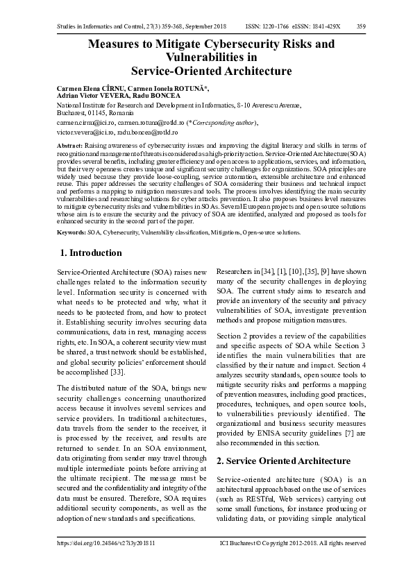 (PDF) Measures to Mitigate Cybersecurity Risks and Vulnerabilities in Service-Oriented Architecture