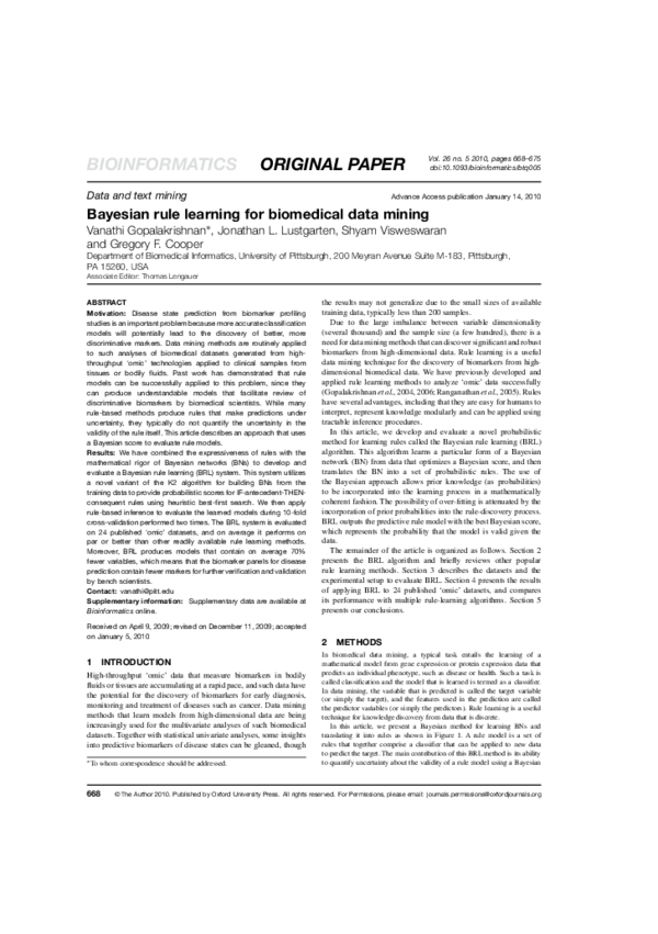 Pdf Bayesian Rule Learning For Biomedical Data Mining Jonathan Lustgarten