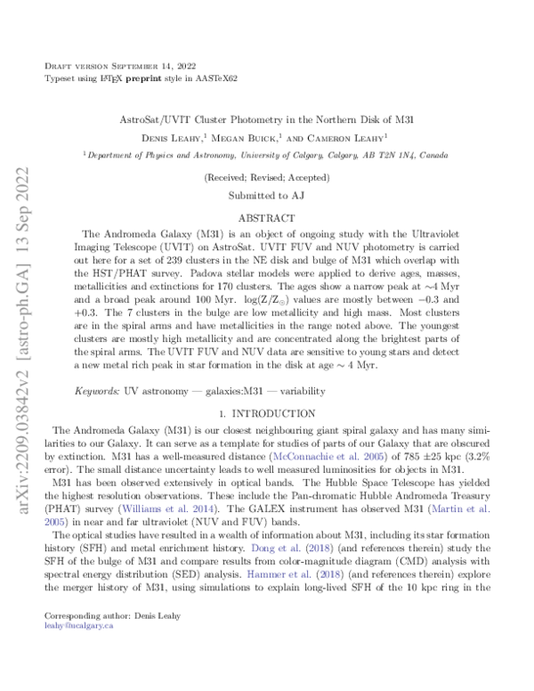 (PDF) AstroSat/UVIT Cluster Photometry in the Northern Disk of M31