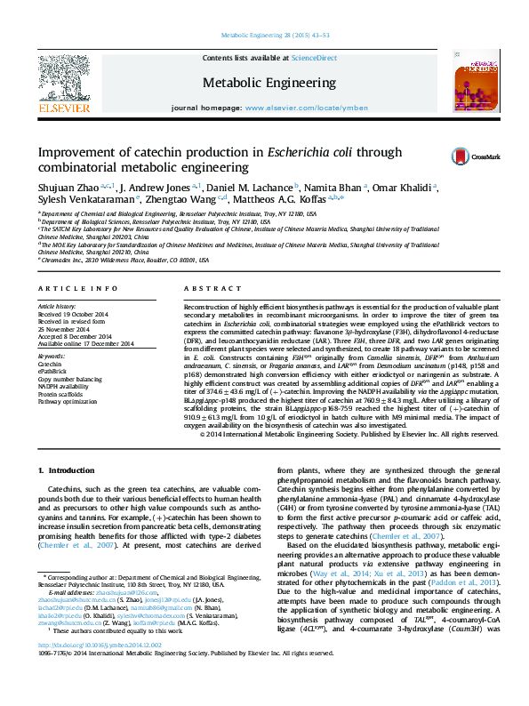 (PDF) Improvement of catechin production in Escherichia coli through combinatorial metabolic ...