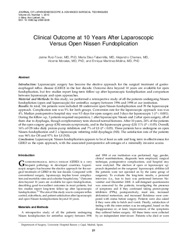 (PDF) Clinical Outcome at 10 Years After Laparoscopic Versus Open Nissen Fundoplication