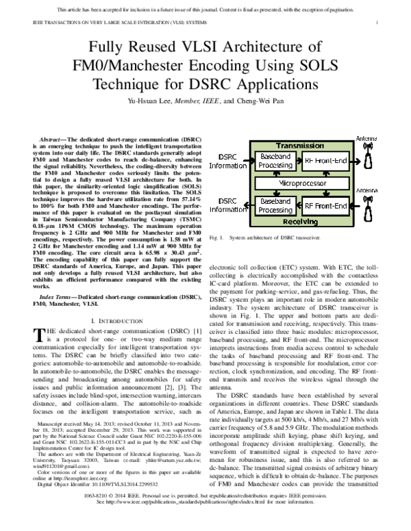 Pdf Fully Reused Vlsi Architecture Of Fm0manchester Encoding Using Sols Technique For Dsrc