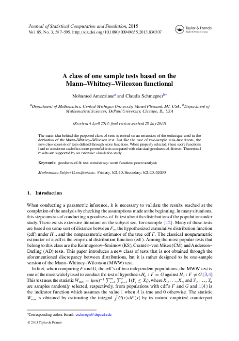 (PDF) A class of one sample tests based on the Mann–Whitney–Wilcoxon ...