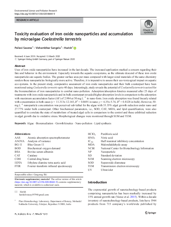 (PDF) Toxicity evaluation of iron oxide nanoparticles and accumulation by microalgae ...