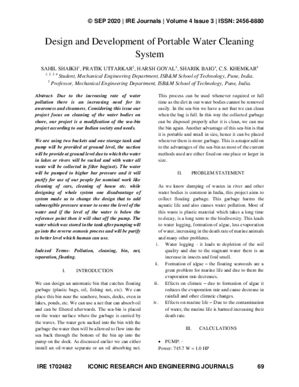 (PDF) Design and Development of Portable Water Cleaning System - IRE ...