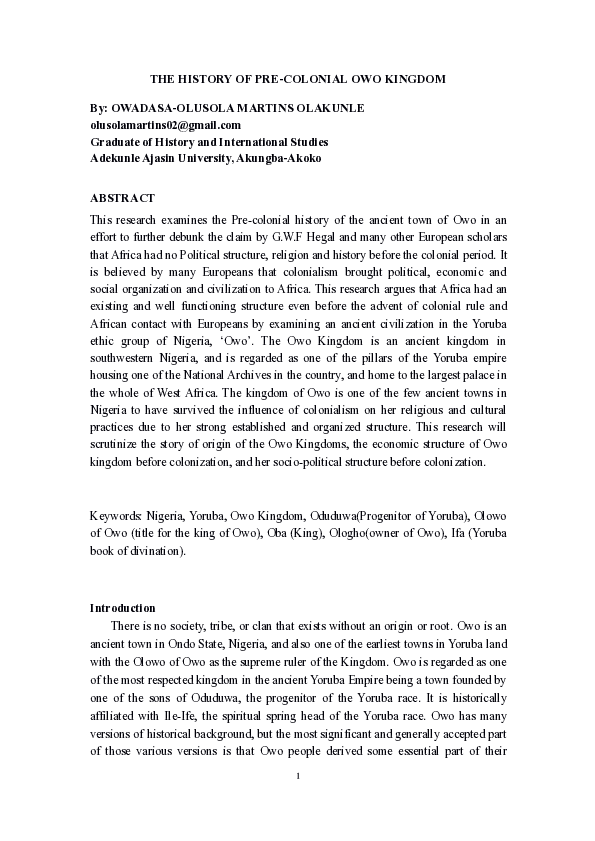 (PDF) THE HISTORY OF PRE-COLONIAL OWO KINGDOM