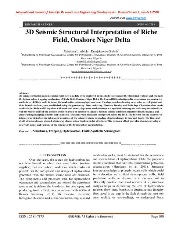 (PDF) 3D Seismic Structural Interpretation of Riche Field, Onshore Niger Delta