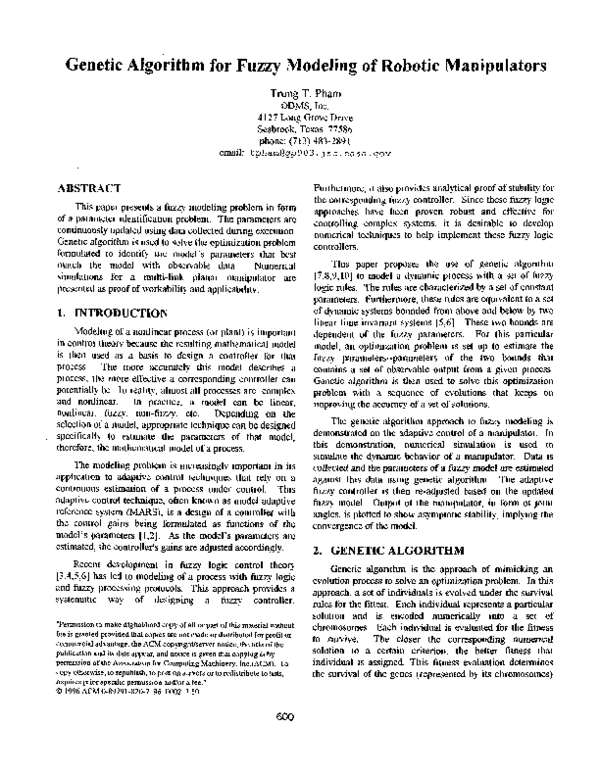 (PDF) Genetic algorithm for fuzzy modeling of robotic manipulators | Trung Pham - Academia.edu