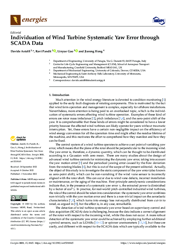 (PDF) Individuation of Wind Turbine Systematic Yaw Error through SCADA Data