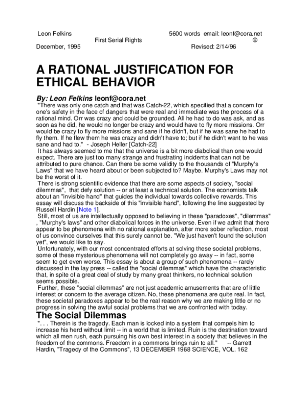 (PDF) A RATIONAL JUSTIFICATION FOR ETHICAL BEHAVIOR
