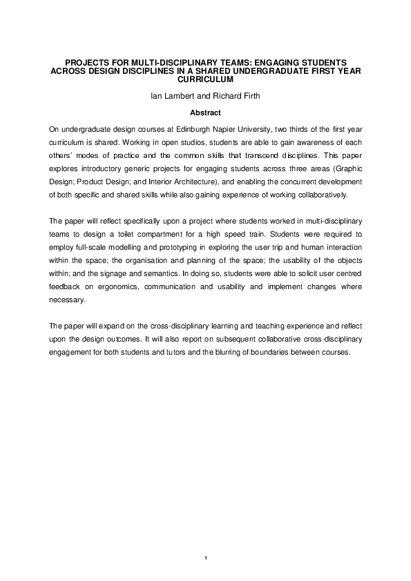 (PDF) Projects for multi-disciplinary teams: engaging students across design disciplines in a ...