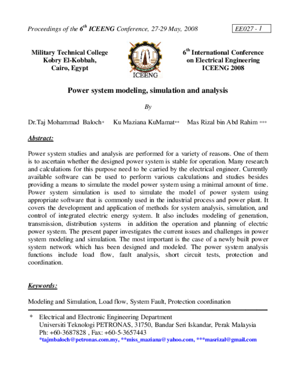 Power System Modeling Simulation And Analysis