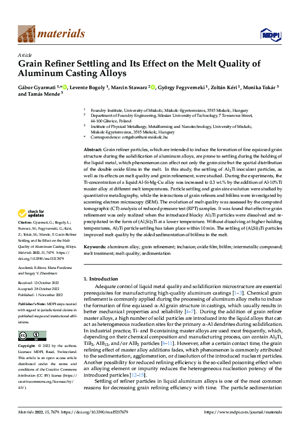 (PDF) Grain Refiner Settling and Its Effect on the Melt Quality of ...