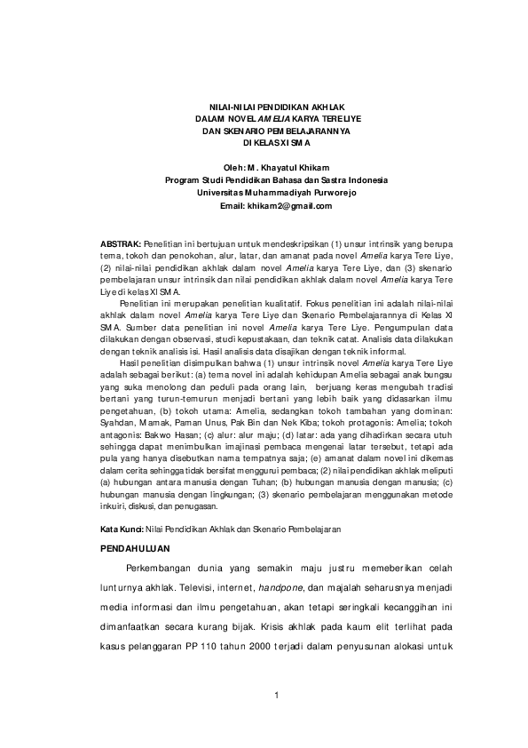 (PDF) Nilai-Nilai Pendidikan Akhlak Dalam Novel Amelia Karya Tere Liye Dan Skenario ...