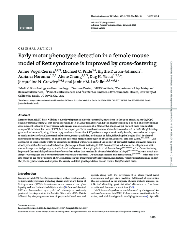 (PDF) Early motor phenotype detection in a female mouse model of Rett ...