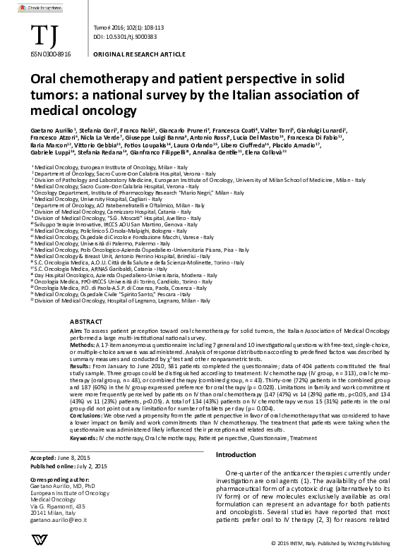 (PDF) Oral Chemotherapy and Patient Perspective in Solid Tumors: A ...
