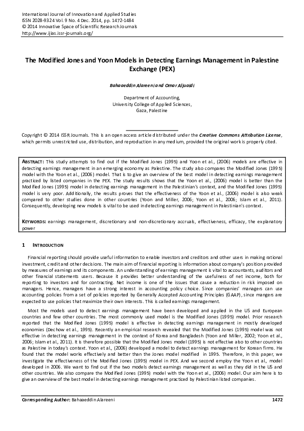 (PDF) The Modified Jones and Yoon Models in Detecting Earnings ...