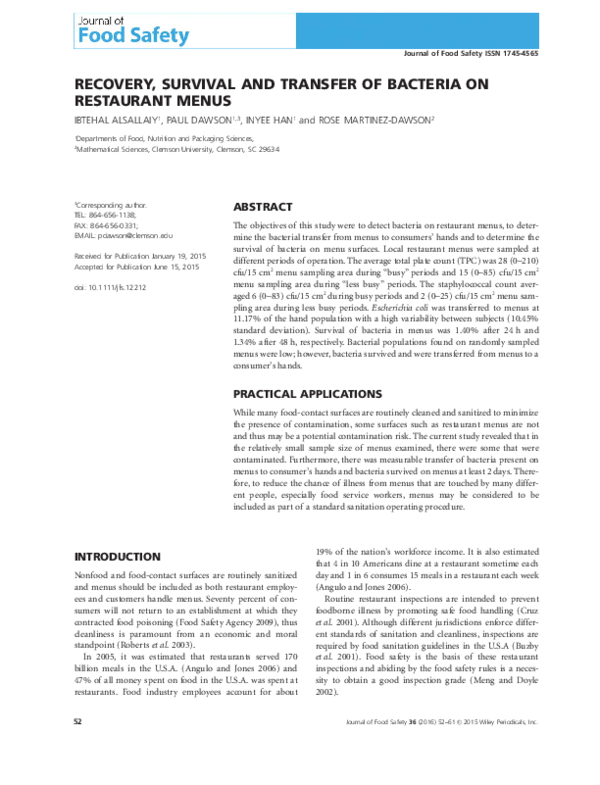 (PDF) Recovery, Survival and Transfer of Bacteria on Restaurant Menus