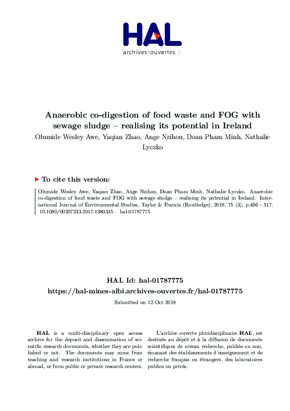 (PDF) Anaerobic co-digestion of food waste and FOG with sewage sludge ...