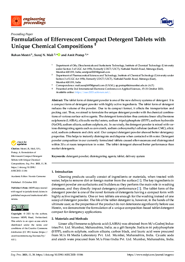 (PDF) Formulation of Effervescent Compact Detergent Tablets with Unique ...
