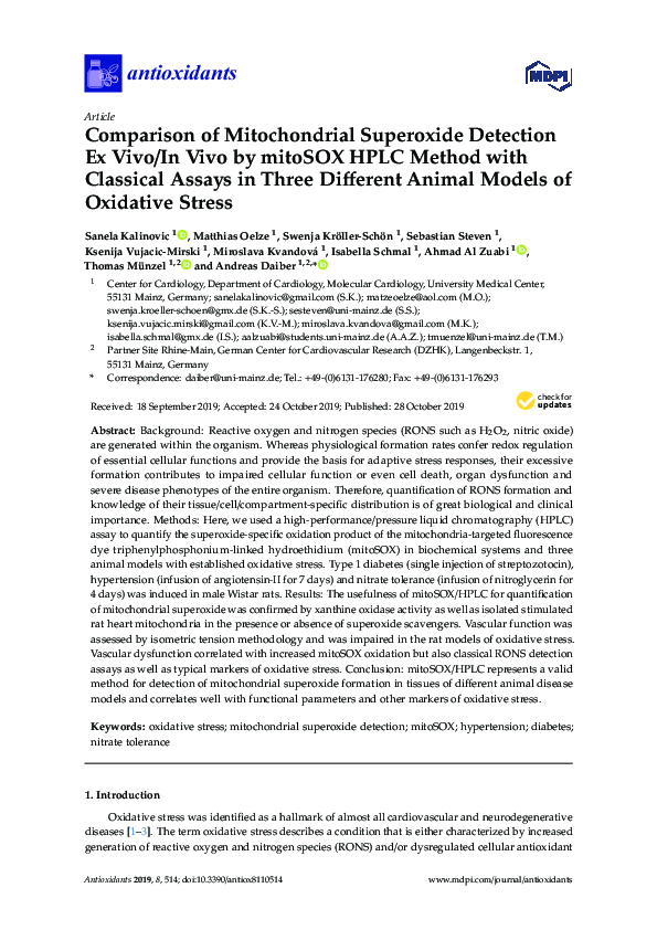 (PDF) Comparison of Mitochondrial Superoxide Detection Ex Vivo/In Vivo ...