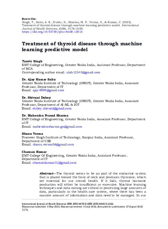 (PDF) Treatment of thyroid disease through machine learning predictive model