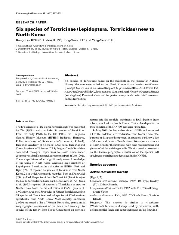 (PDF) Six species of Tortricinae (Lepidoptera, Tortricidae) new to ...