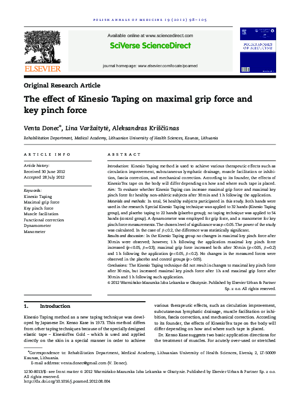 (PDF) The effect of Kinesio Taping on maximal grip force and key pinch ...