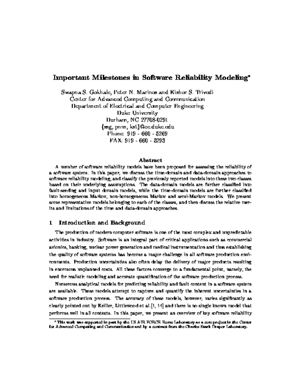 (PDF) Important milestones in software reliability modeling | Kishor S Trivedi - Academia.edu