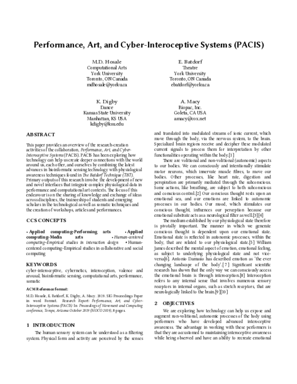 (PDF) Performance, Art, and Cyber-Interoceptive Systems (PACIS) | Kate ...