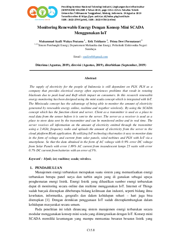 Pdf Monitoring Renewable Energy Dengan Konsep Mini Scada Menggunakan Iot