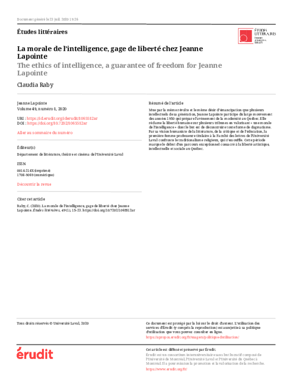 (PDF) La morale de l’intelligence, gage de liberté chez Jeanne Lapointe