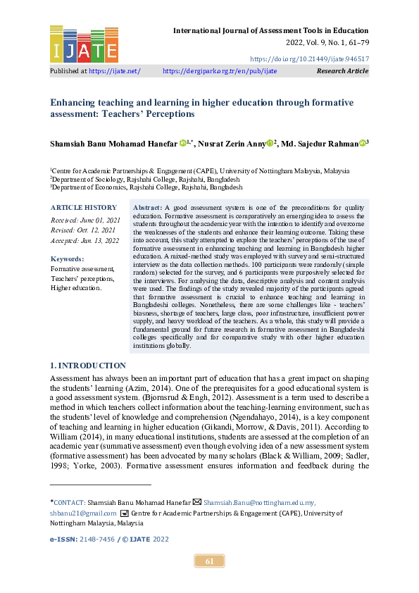 Pdf Enhancing Teaching And Learning In Higher Education Through Formative Assessment Teachers