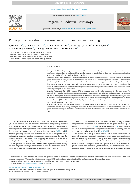 (PDF) Efficacy of a pediatric procedure curriculum on resident training