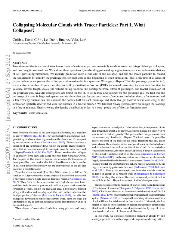 (PDF) Collapsing molecular clouds with tracer particles: Part I, what ...