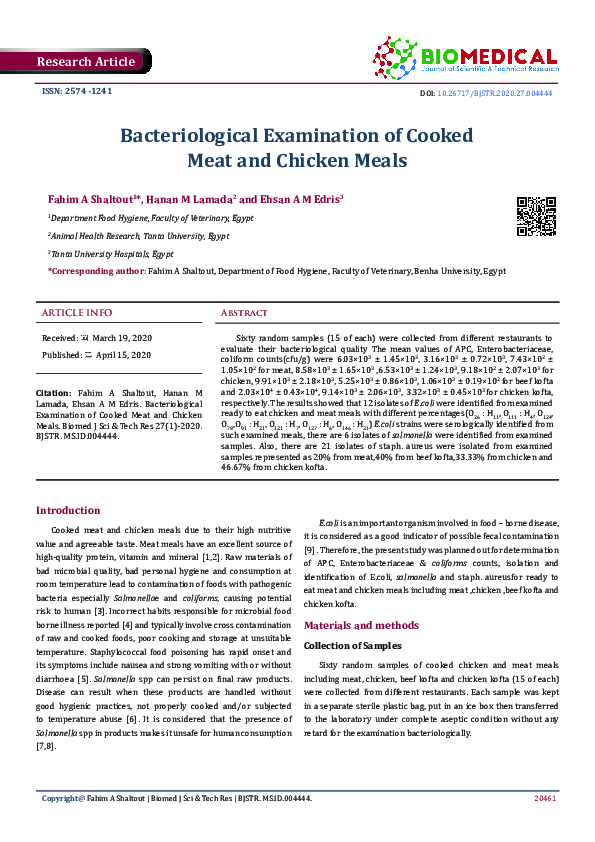 (PDF) Bacteriological Examination Of Cooked Meat And Chicken Meals