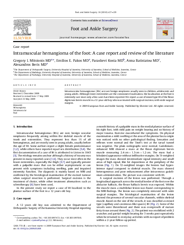 Pdf Intramuscular Hemangioma Of The Foot A Case Report And Review Of