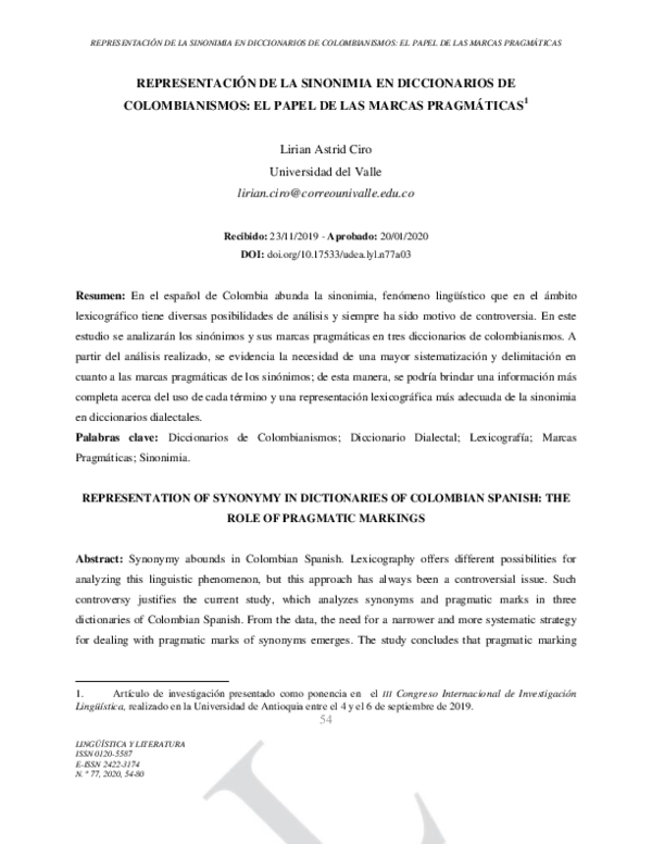 (PDF) Representación De La Sinonimia en Diccionarios De Colombianismos ...