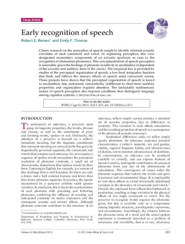 (PDF) Focus Article Early recognition of speech