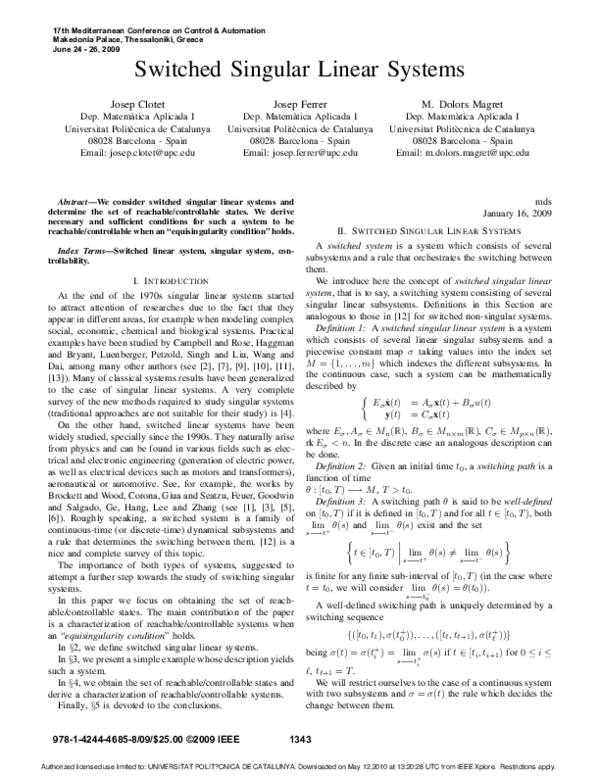 (PDF) Switched singular linear systems