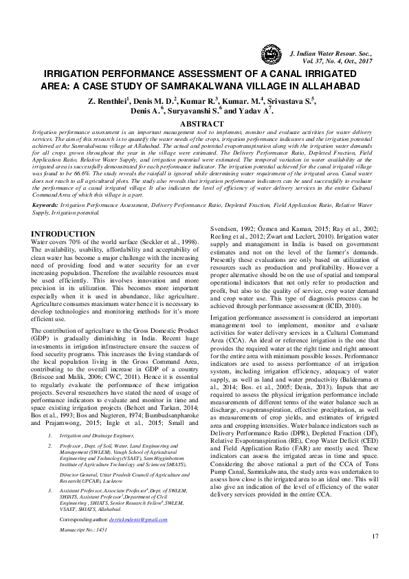 (PDF) IRRIGATION PERFORMANCE ASSESSMENT OF A CANAL IRRIGATED AREA: A CASE STUDY OF SAMRAKALWANA ...