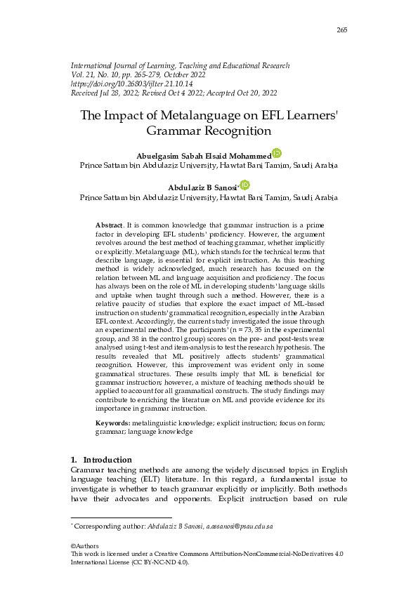 (PDF) The Impact of Metalanguage on EFL Learners' Grammar Recognition