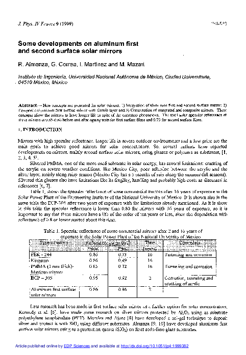 (PDF) Some developments on aluminum first and second surface solar mirrors