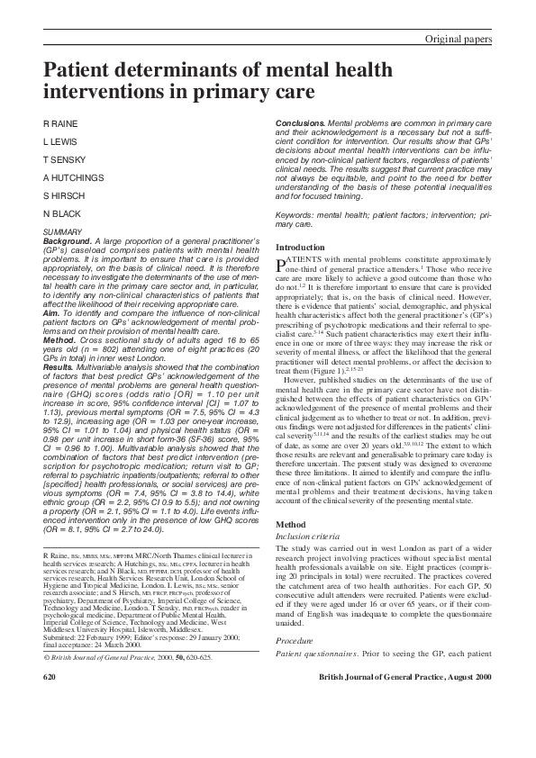 (PDF) Patient determinants of mental health interventions in primary care