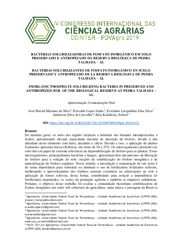 (PDF) Bactérias Solubilizadoras De Fosfato inorgânico em solo ...
