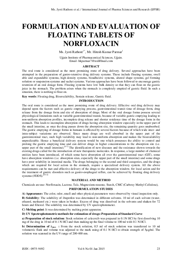 Pdf Formulation And Evaluation Of Floating Tablet S Of Tizanidine