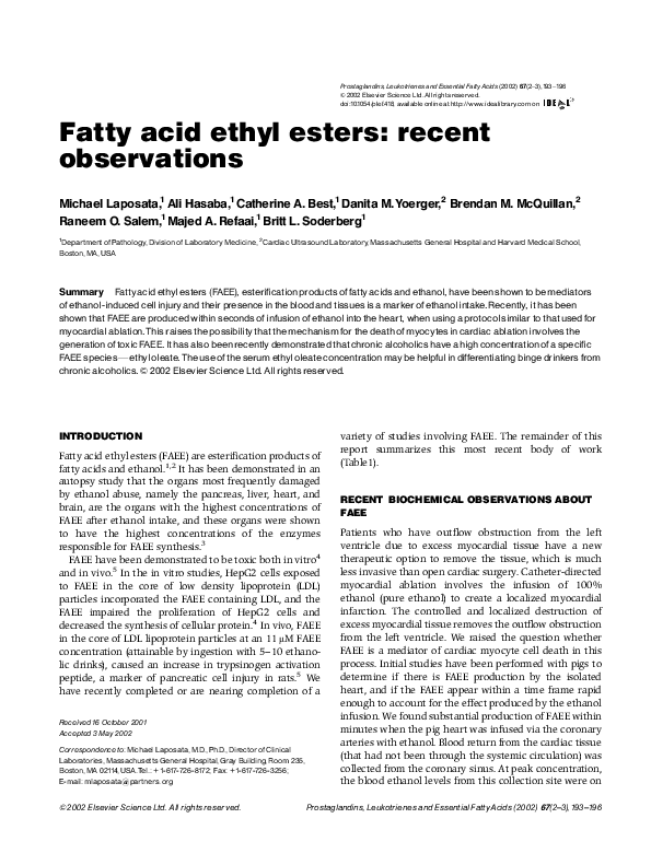 (PDF) Fatty acid ethyl esters: recent observations