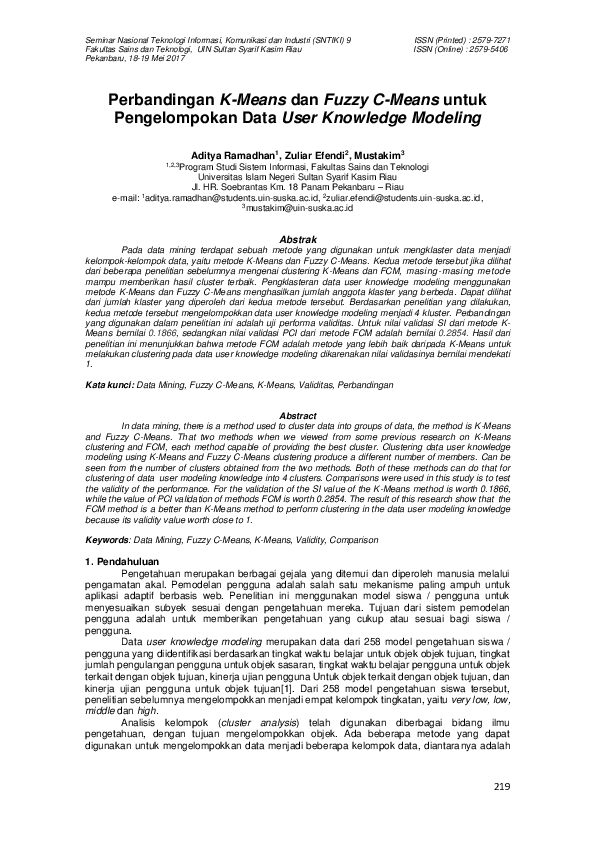 (PDF) Perbandingan K-Means Dan Fuzzy C-Means Untuk Pengelompokan Data User Knowledge Modeling